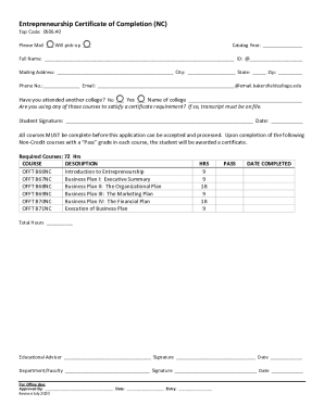 Fillable Online Entrepreneurship - One-Year Certificate of Completion ...