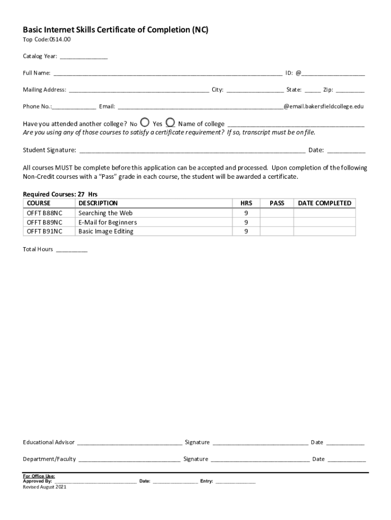 Fillable Online Basic Internet Skills Certificate of Completion (NC ...