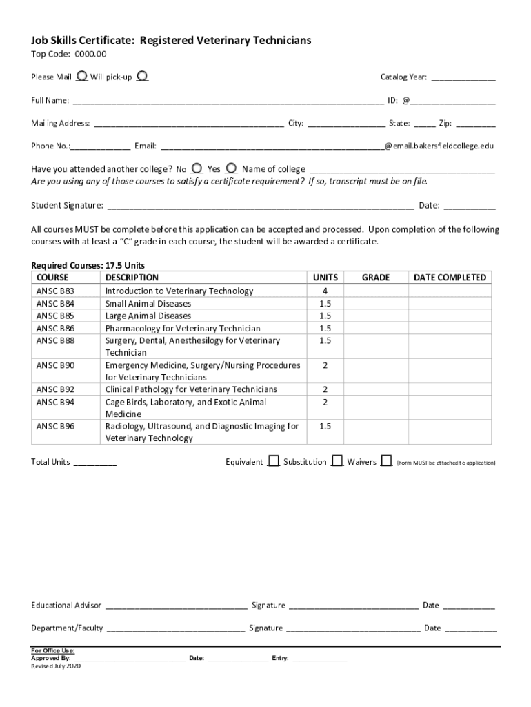 Fillable Online Job Skills Certificate: Registered Veterinary ...