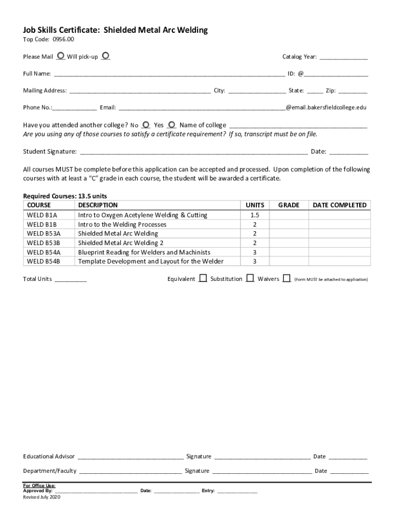 Fillable Online Shielded Metal Arc Welding Job Skills Certificate ...