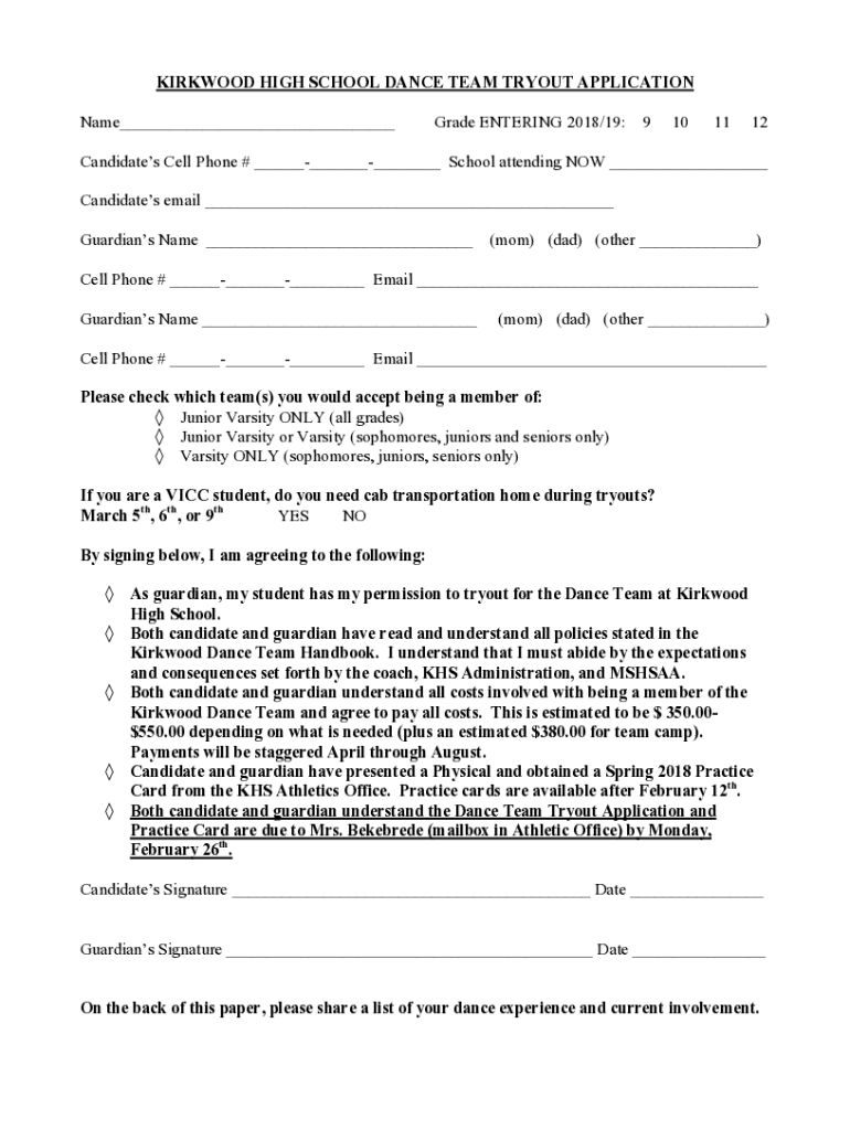Fillable Online kirkwood high school dance team tryout application Fax ...