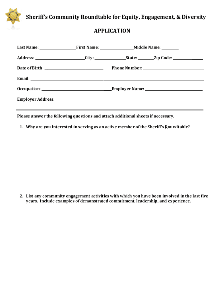 Fillable Online SHERIFF'S COMMUNITY ROUNDTABLE FOR EQUITY, ENGAGEMENT, AND DIVERSITY ... Fax ...