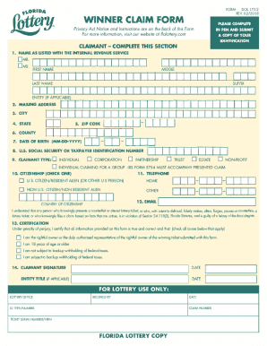 Fillable Online Winner Claim Form - The Florida Lottery Fax Email Print ...