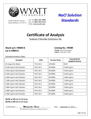 Fillable Online Certificate of Analysis NaCl Solution Standards - AWS ...