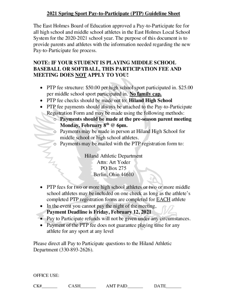 Fillable Online 2021 Spring Sport Pay-to-Participate (PTP) Guideline ...