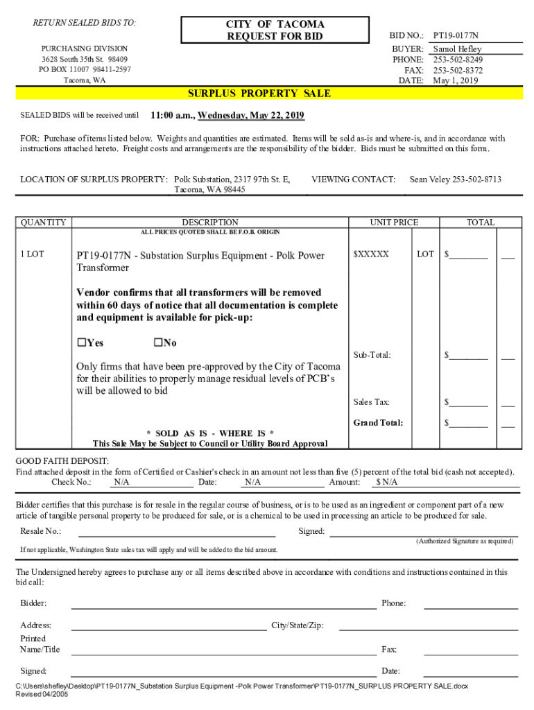 Fillable Online cms cityoftacoma PT19-0177N - Substation Surplus ...