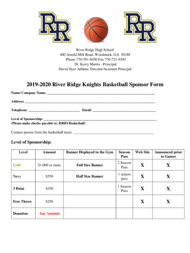 Fillable Online 2019-2020 River Ridge Knights Basketball Sponsor Form ...