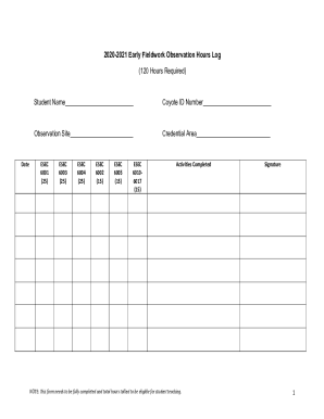Fillable Online Early Fieldwork Observation Hours Log - California ...