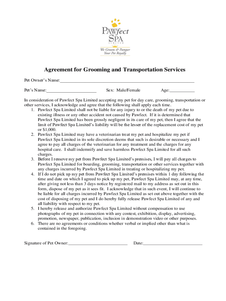 Fillable Online Agreement for Grooming and Transportation Services Fax ...