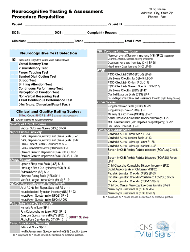 Fillable Online Neurocognitive Testing & Assessment Clinic Name Address ...