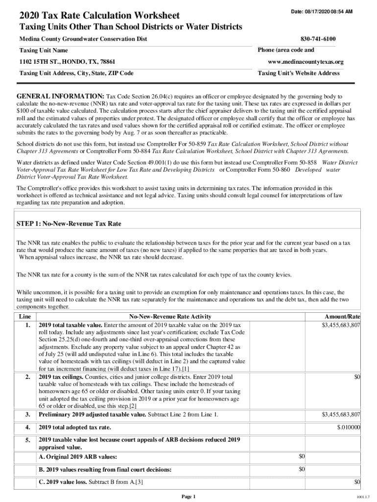 Fillable Online 2020 Tax Rate Calculation Worksheet - Medina County ...