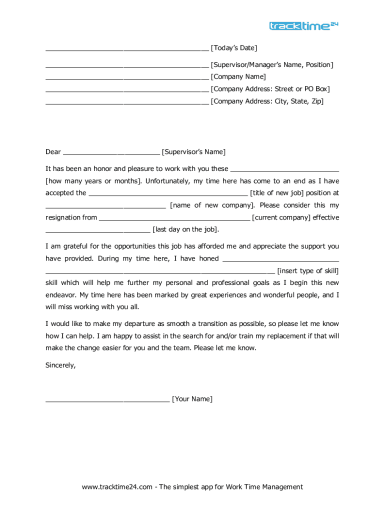 Fillable Online Resignation Letter Template - TrackTime24 Fax Email ...