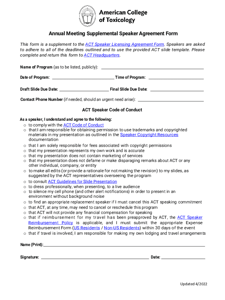 Fillable Online Supplemental Speaker Agreement Form Fax Email Print ...