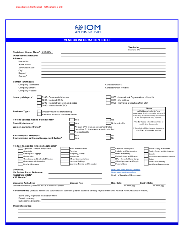 Fillable Online ANNEX C - Vendor Information Sheet - International Organization for ... Fax ...