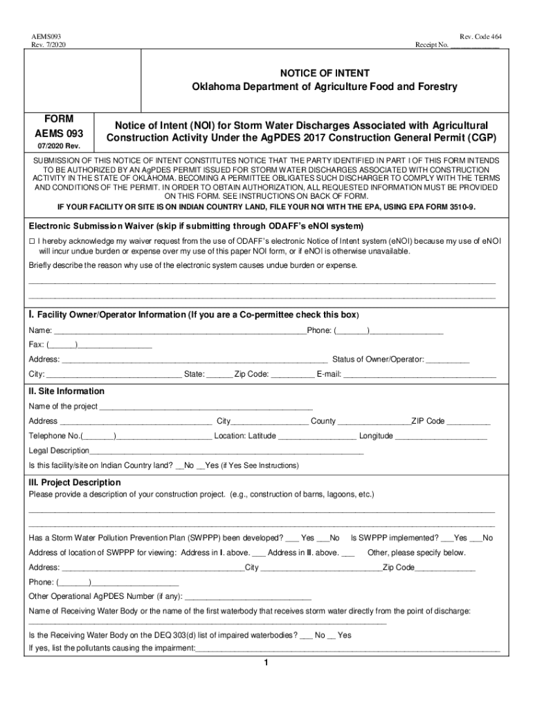 Fillable Online ag ok Form AEMS093 "Notice of Intent (Noi) for Storm Water Discharges ... Fax ...
