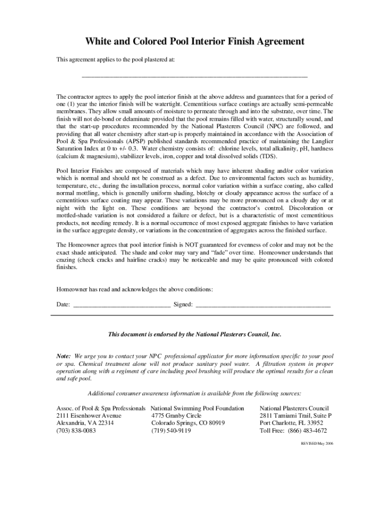 Fillable Online White and Colored Plaster Agreement - So Cal Pool ...