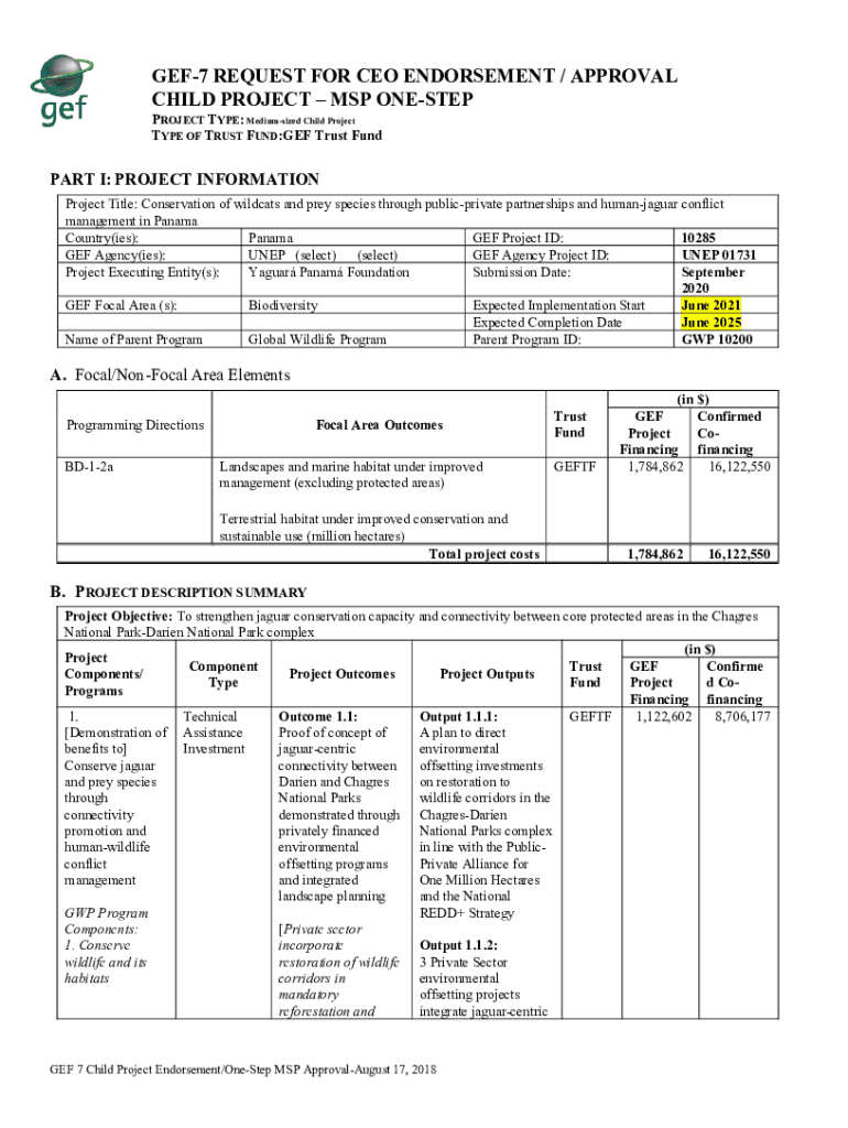 Fillable Online GEF-7 REQUEST FOR CEO ENDORSEMENT / APPROVAL CHILD ...
