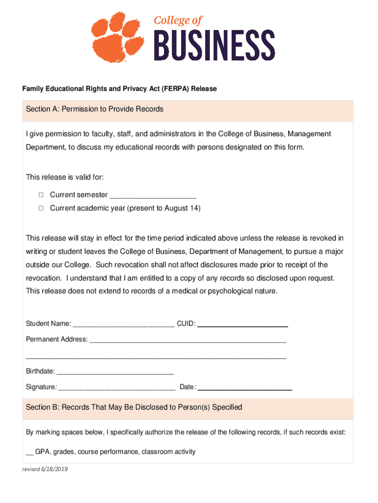Fillable Online Family Education Rights and Privacy Act (FERPA) Release Fax Email Print - pdfFiller