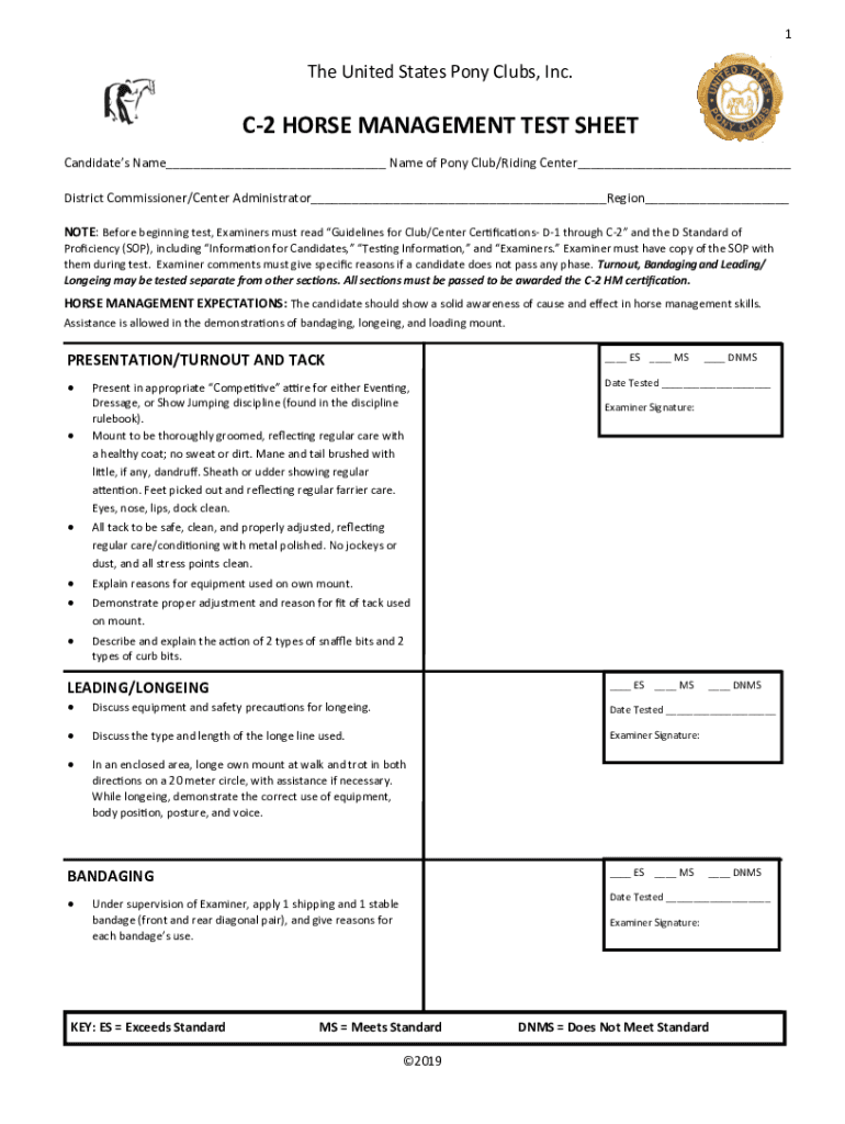 Fillable Online D 2 HORSE MANAGEMENT TEST SHEET - United States Pony ...