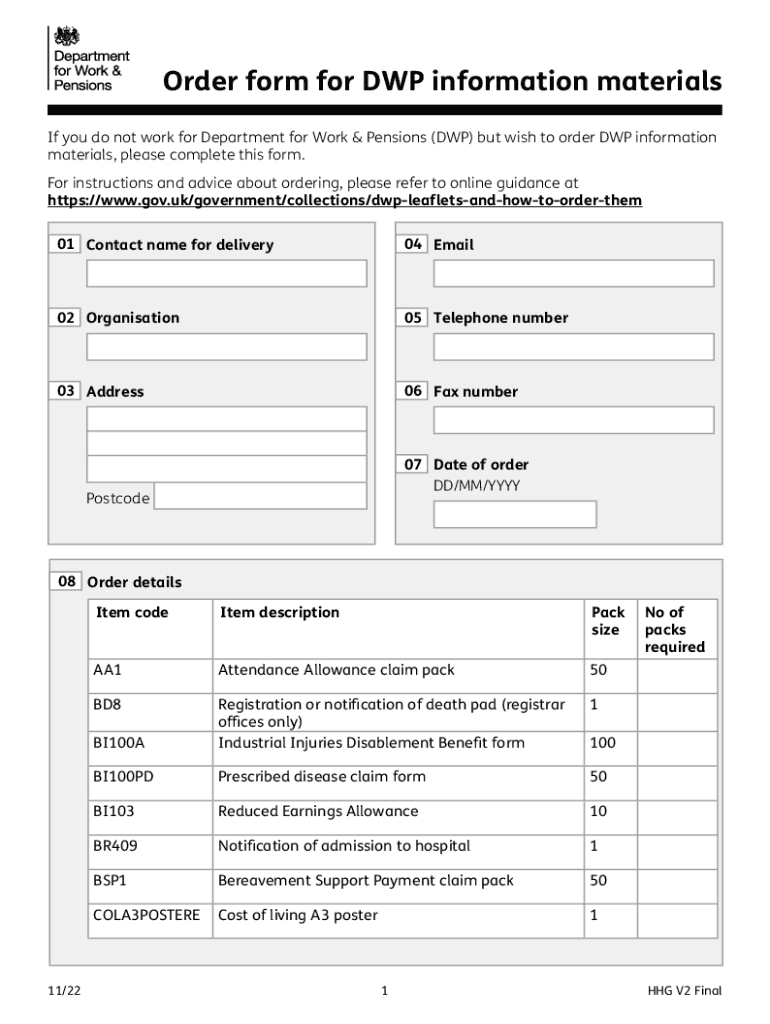 Fillable Online Order form for DWP information materials Fax Email ...