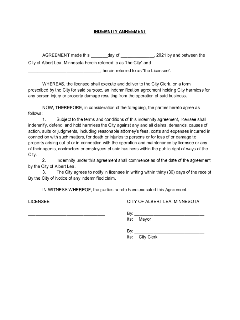 Fillable Online Free Indemnity Agreement Template (2021 Official ...
