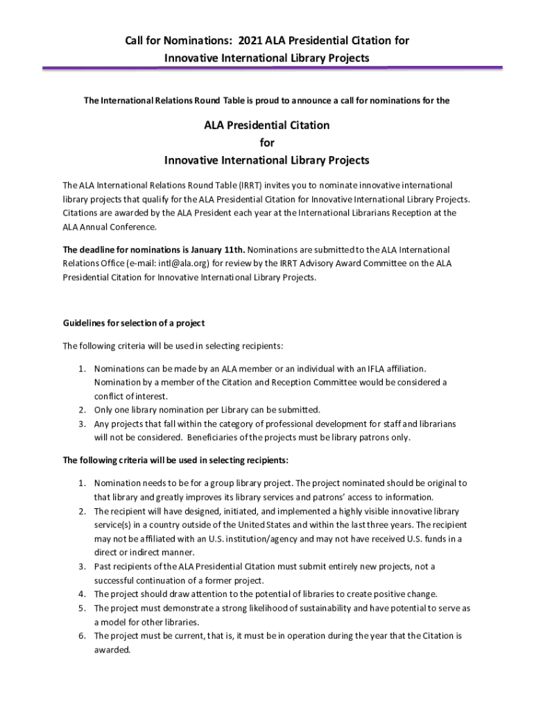 Fillable Online ALA Presidential Citation for International Innovation ...
