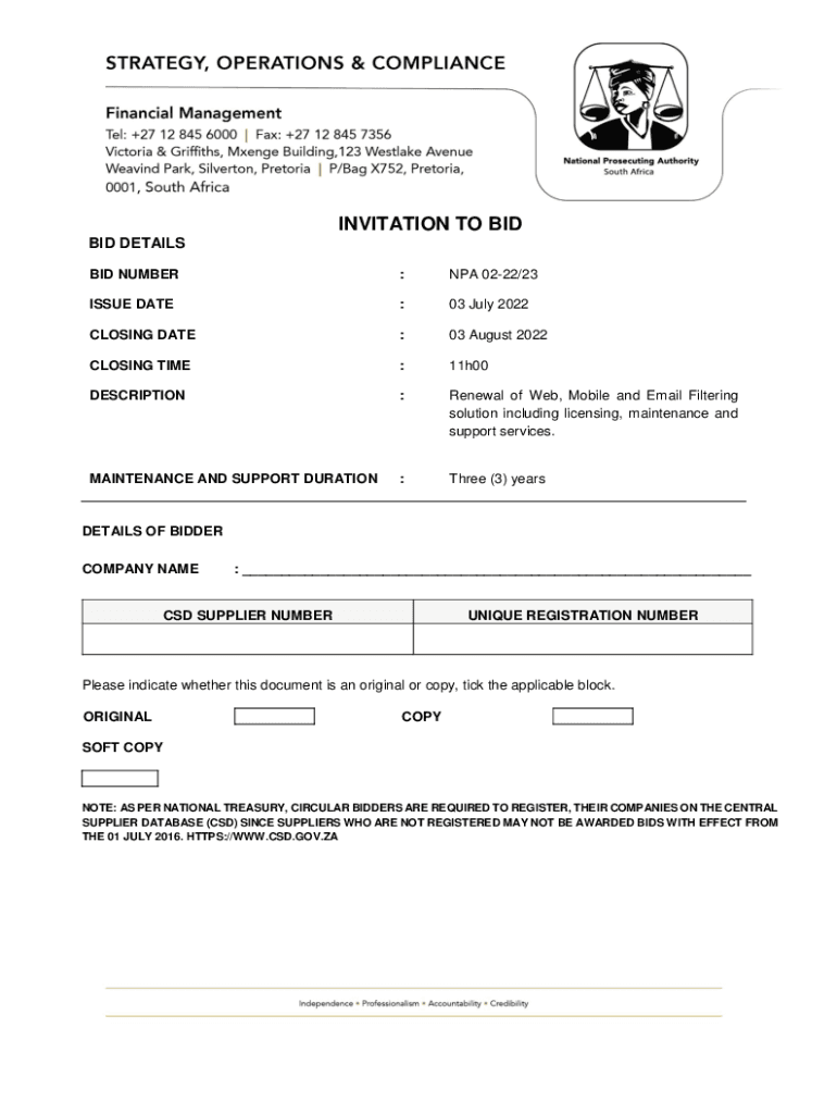 Fillable Online Bid No: NPA 02-21/22 National Prosecuting Authority Prepared By: Supply ... Fax ...