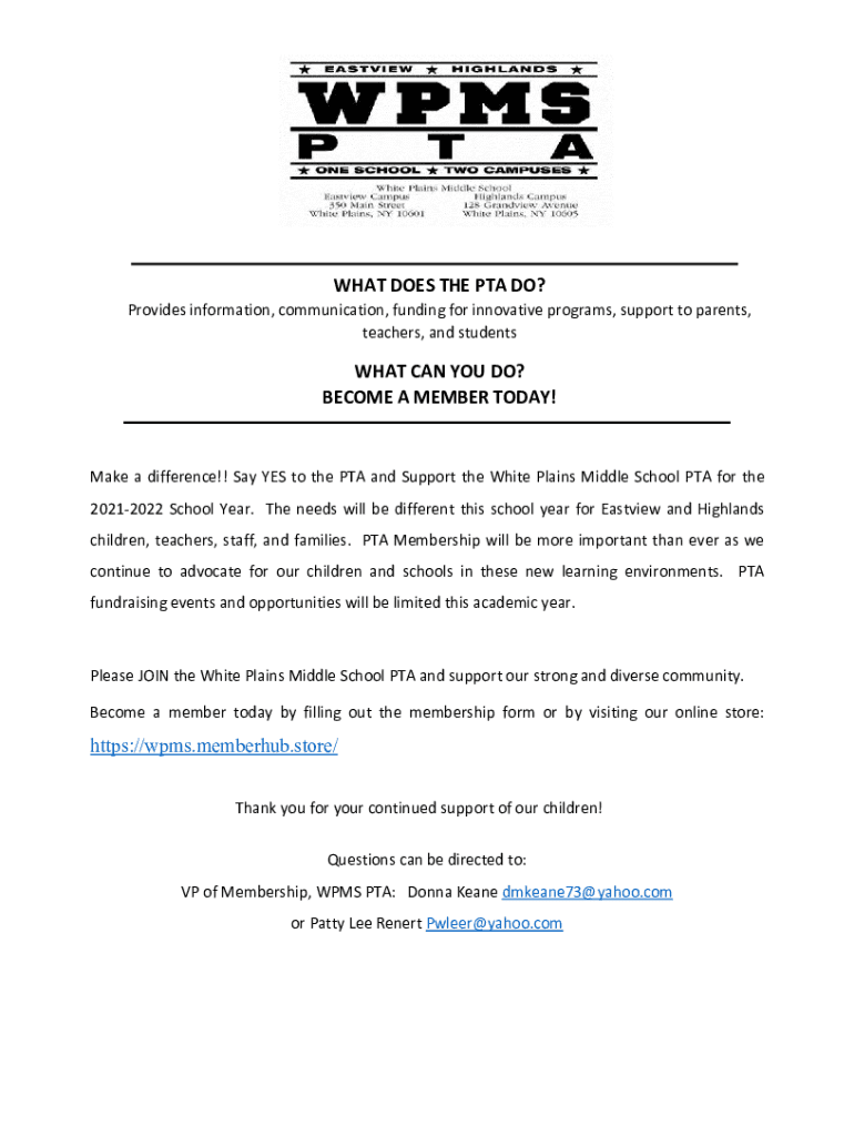 Fillable Online WHAT DOES THE PTA DO? - White Plains Public Schools Fax Email Print - pdfFiller