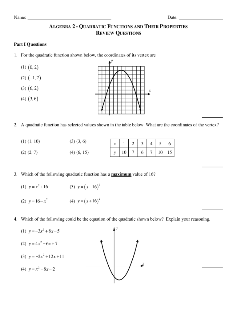 Fillable Online Part I Questions 1. For the quadratic function shown ...