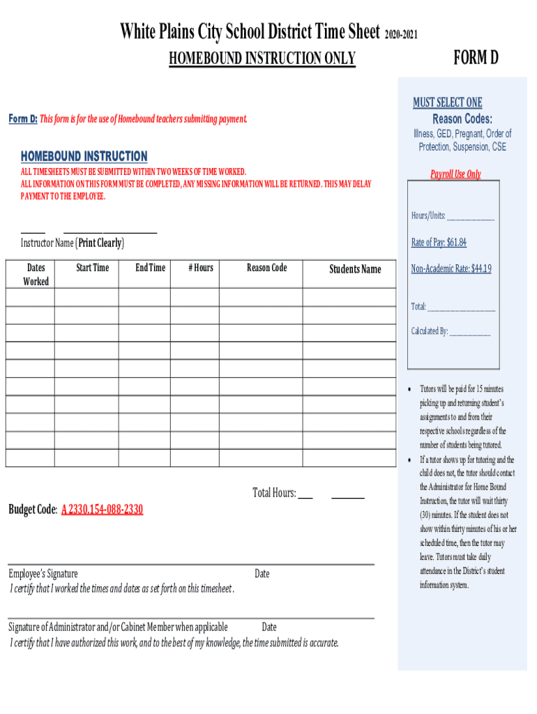 Fillable Online Get the free White Plains City School District Time Sheet Fax Email Print ...