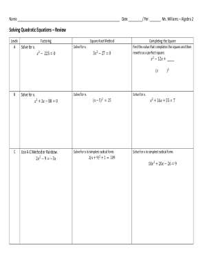 Fillable Online Solving Quadratic Equations Review Fax Email Print ...