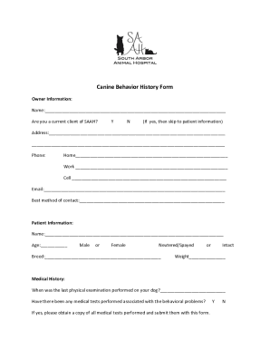 Fillable Online South Arbor Animal Hospital - Canine Behavior History ...
