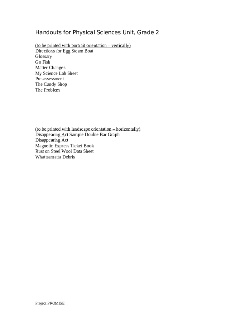 Materials for Physical Sciences Unit, Grade 2 Doc Template | pdfFiller