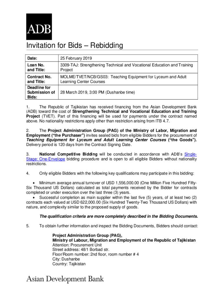 Fillable Online Invitation for Bids Rebidding - Asian Development Bank Fax Email Print - pdfFiller