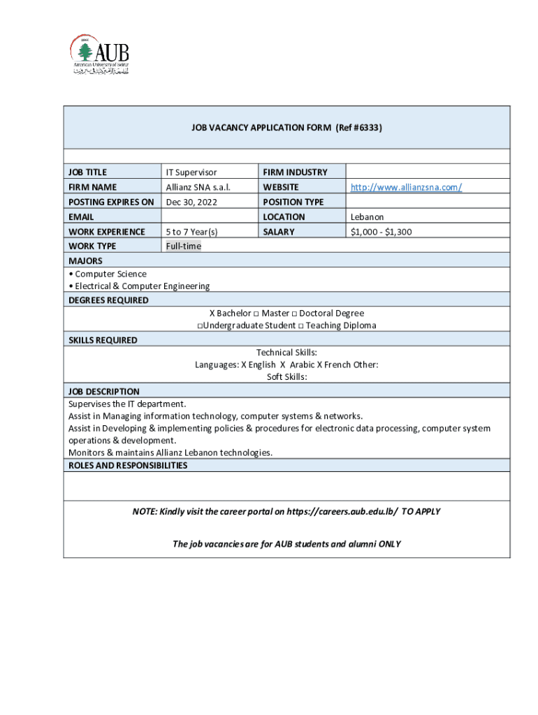 Fillable Online JOB VACANCY APPLICATION FORM (Ref #6333) Fax Email Print - pdfFiller