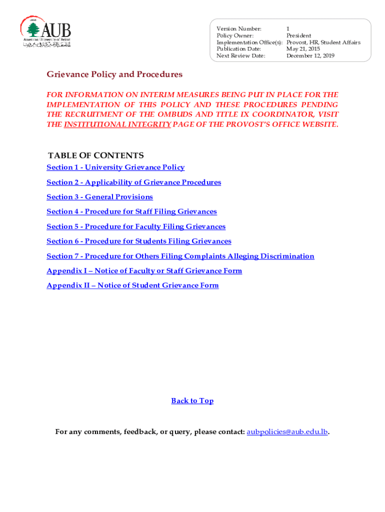 Fillable Online Grievance Policy and Procedures - American University ...