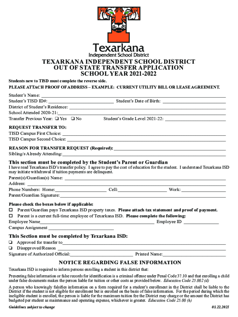 Fillable Online TEXARKANA INDEPENDENT SCHOOL DISTRICT OUT OF STATE ...