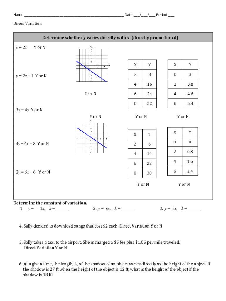 Fillable Online Determine whether y varies directly with x (directly ...