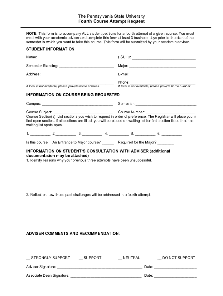 Fillable Online agsci.psu.edustudentsadvisingAdditional Course Attempt ...