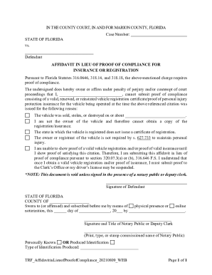 Fillable Online Affidavit in Lieu of Proof of Compliance for Insurance ...