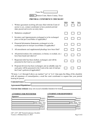 Fillable Online PRETRIAL CONFERENCE CHECKLIST YES NO N/A - justex.net Fax Email Print - pdfFiller