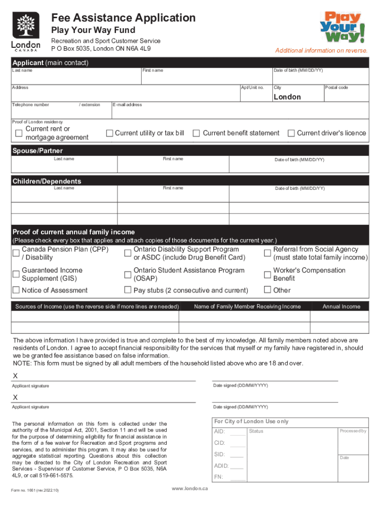 Fillable Online Fee Assistance Application for Play Your Way Fund, form ...