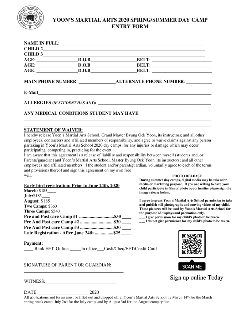 Fillable Online yoon's martial arts 2020 spring/summer day camp entry ...