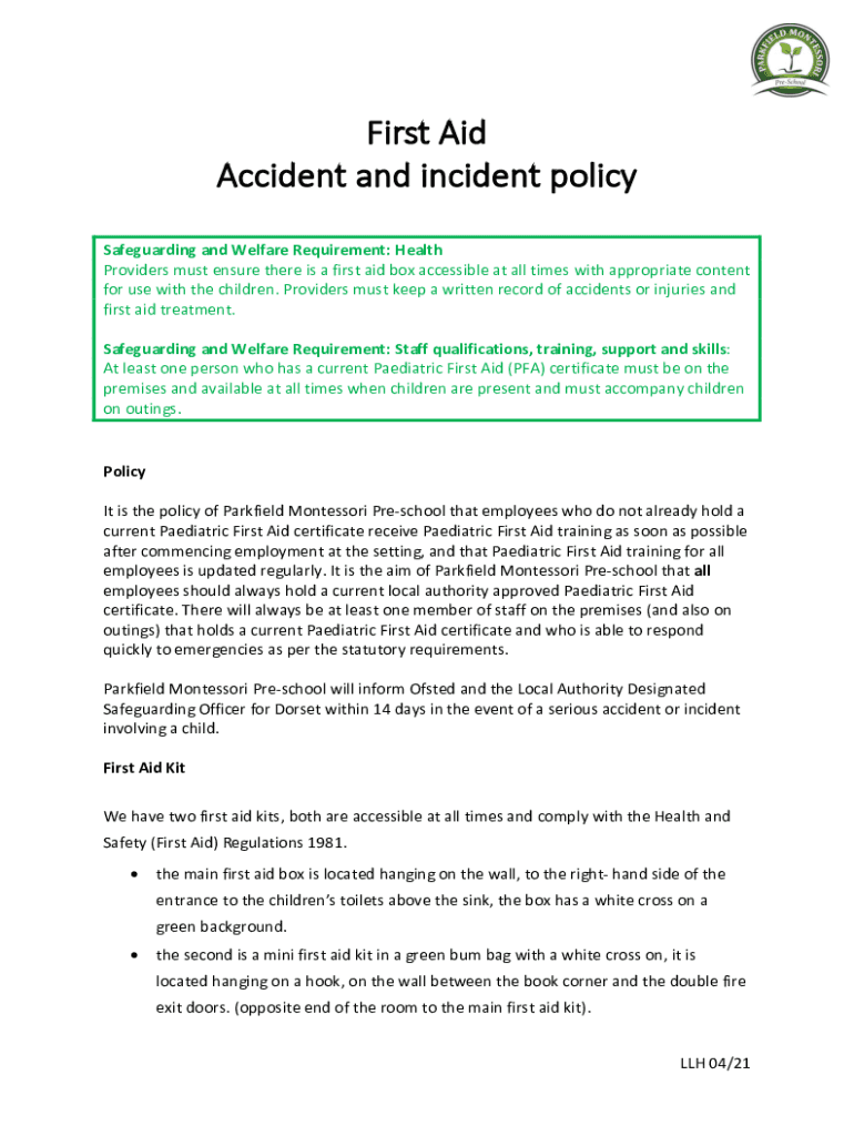 Fillable Online First Aid Accident and incident policy - Parkfield ...
