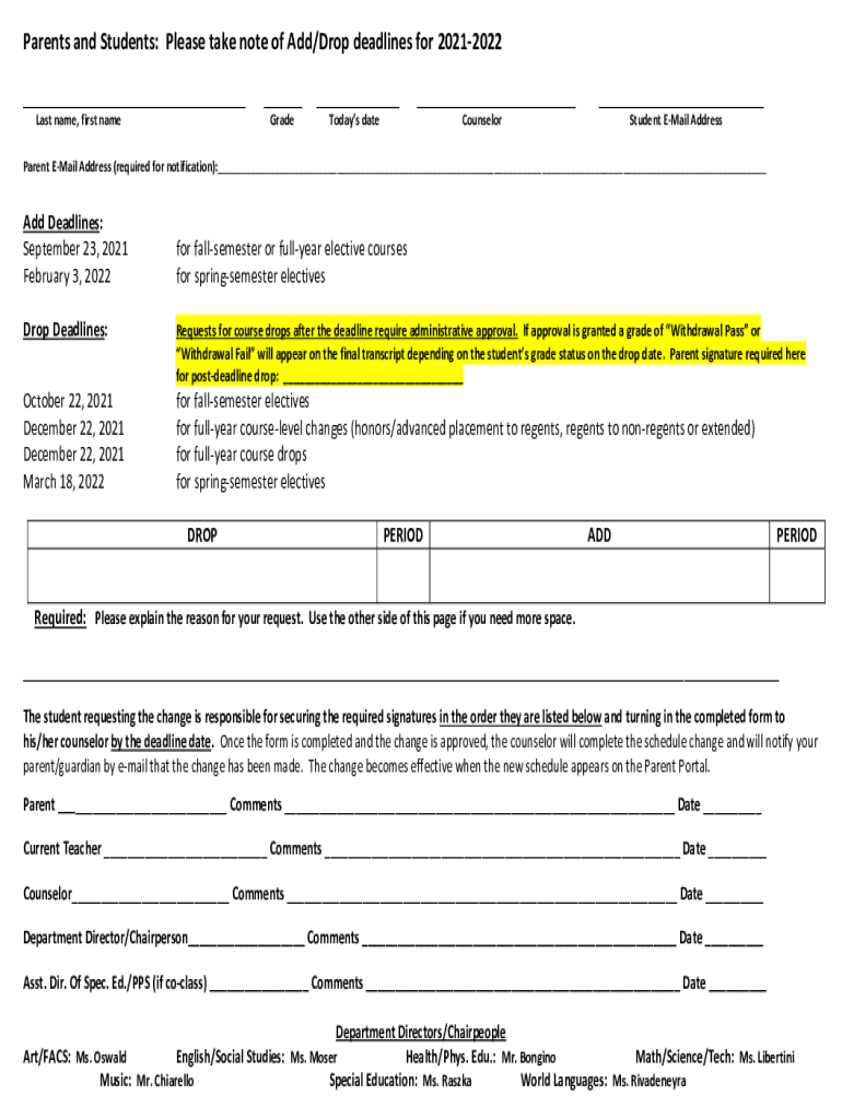 Fillable Online Please take note of Add/Drop deadlines for 2021-2022 ...