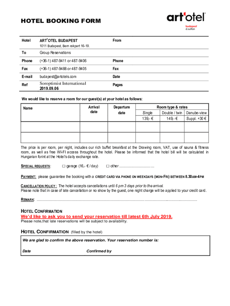 Fillable Online Hotel Booking Form - Soroptimist International of Europe Fax Email Print - pdfFiller
