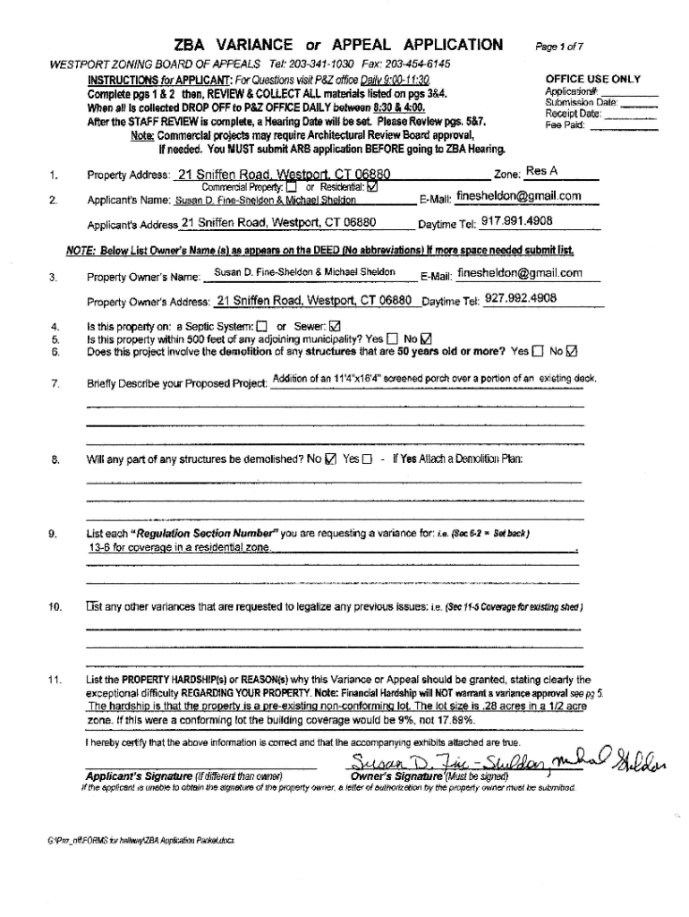 Fillable Online ZBA VARIANCE OT APPEAL APPLICATION Fax Email Print ...