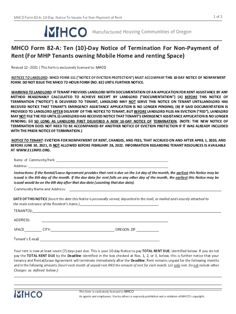 Fillable Online MHCO Form 82-A MHP 10-Day Notice of NonpaymentFINAL ...