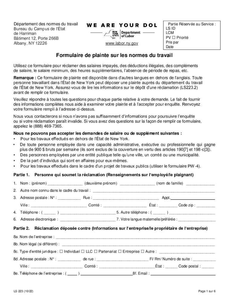Fillable Online Formulaire de plainte sur les normes du travail (LS223F-French) Fax Email Print ...