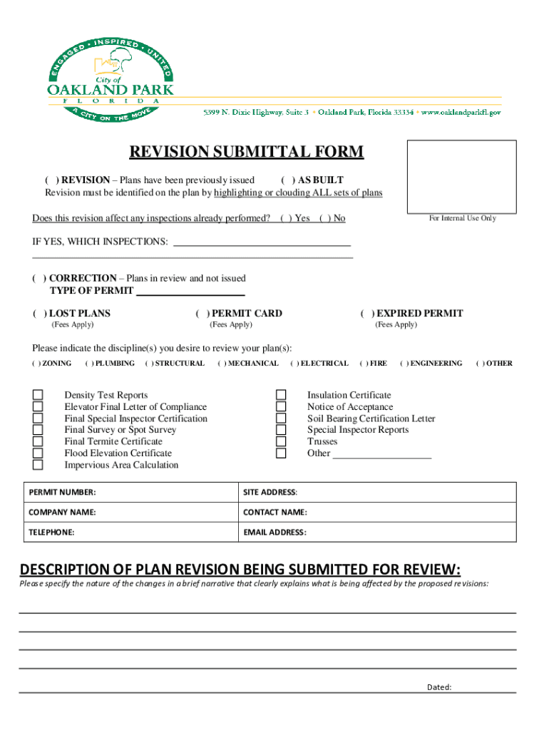 Fillable Online oaklandparkfl.govRevision-Submittal-Form-PDFREVISION SUBMITTAL FORM - Oakland ...